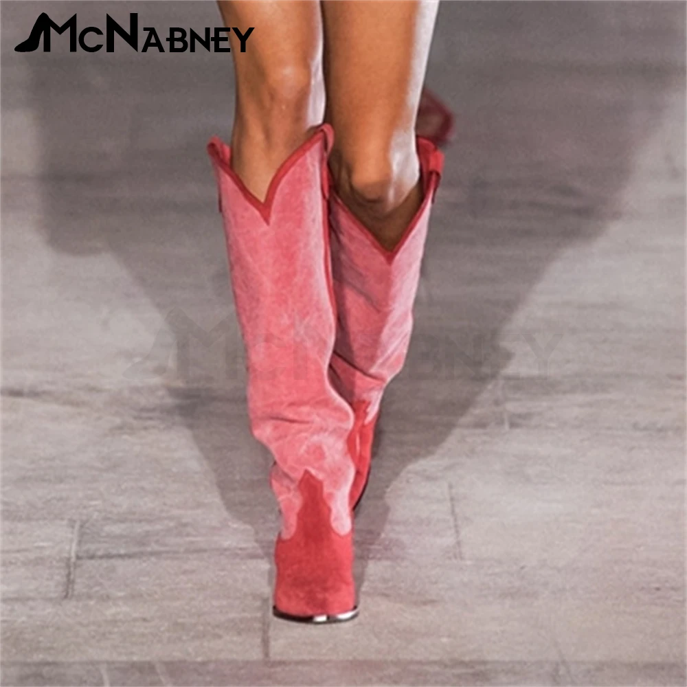Tapered-Heel-Pointed-Toe-Knee-Boots-Suede-Western-Cowboy-Boots-Sewing ...