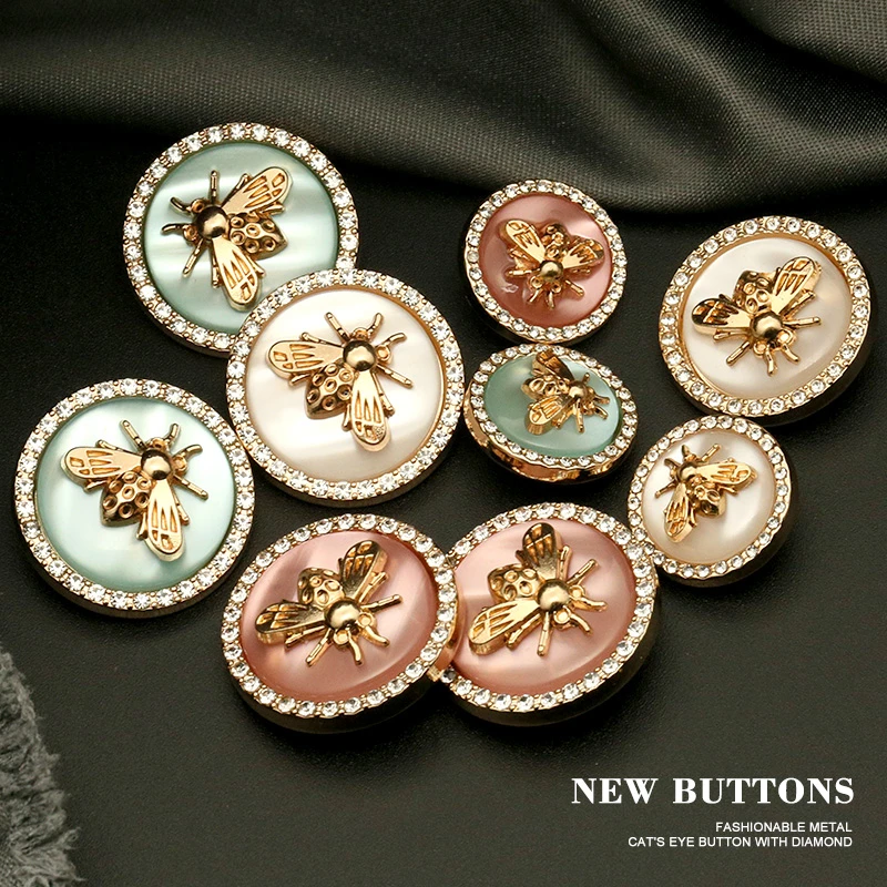 6pcs Rhinestones Diamond Decor Metal Gold BEE Buttons for Clothing ...