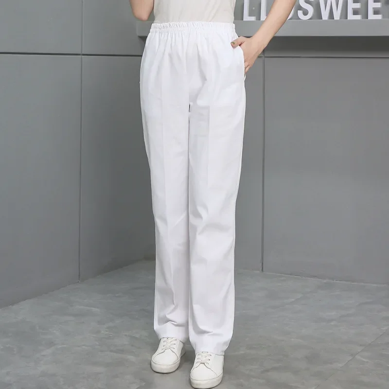 Solid-Color-Work-Pants-High-Quality-Women-s-Elastic-Waist-Doctor-White ...