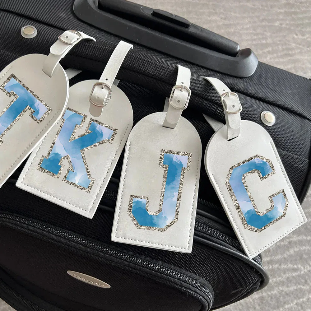 Blue Initial Printed Women PU Leather Luggage Tag Suitcase Label ...