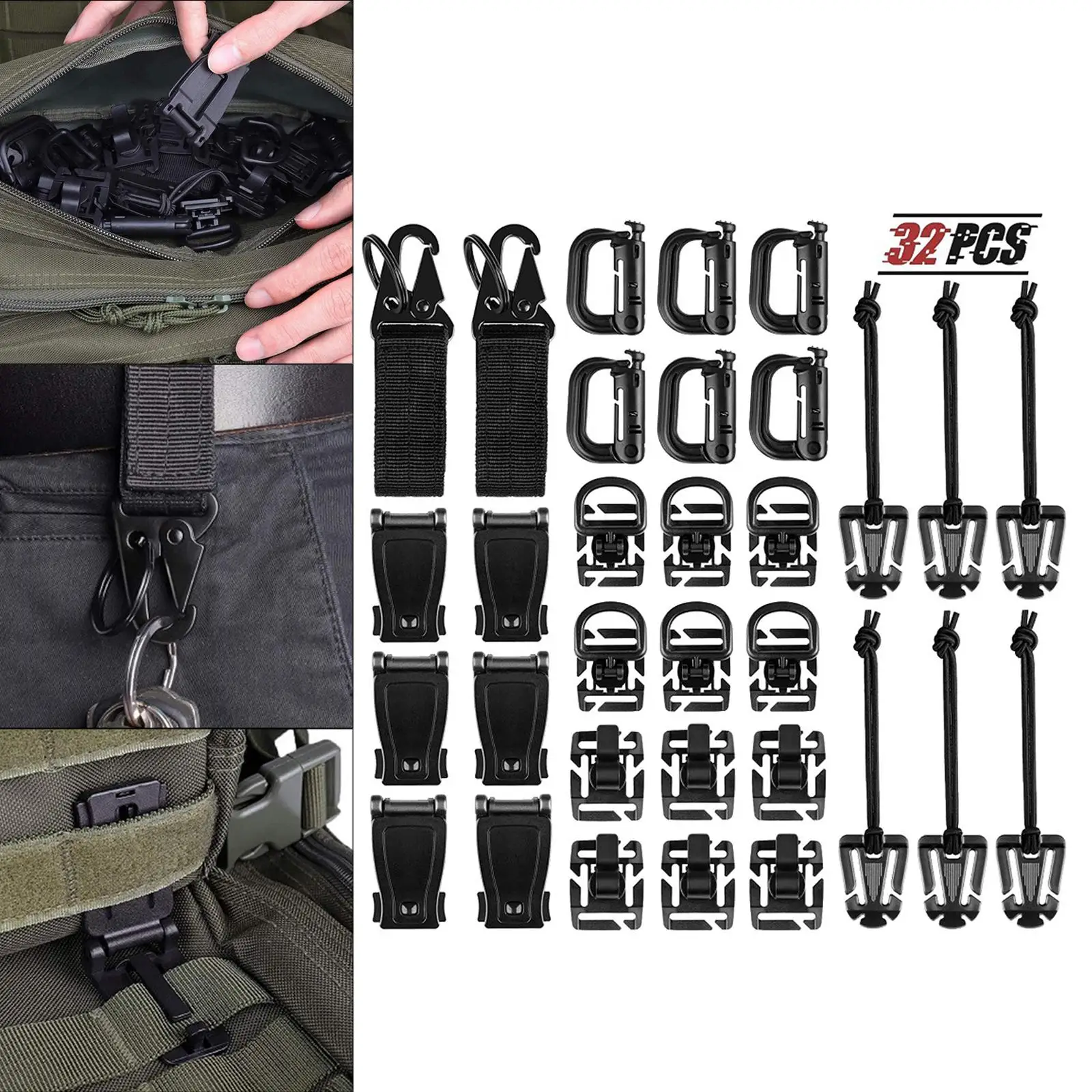 32Pcs Tactical Gear Clips Molle Attachments Strap Camping Equipment 360 ...