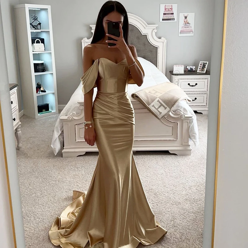 Thinyfull Champagne Mermaid Prom Dresses Off The Shouler Satin Evening ...