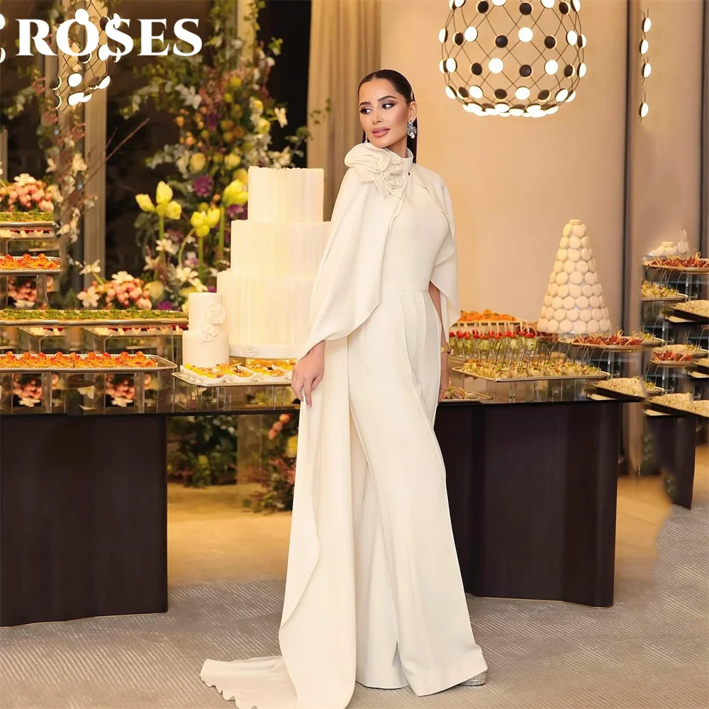 ROSES White Satin Evening Gown High Neck Prom Dress with 3D Floral ...
