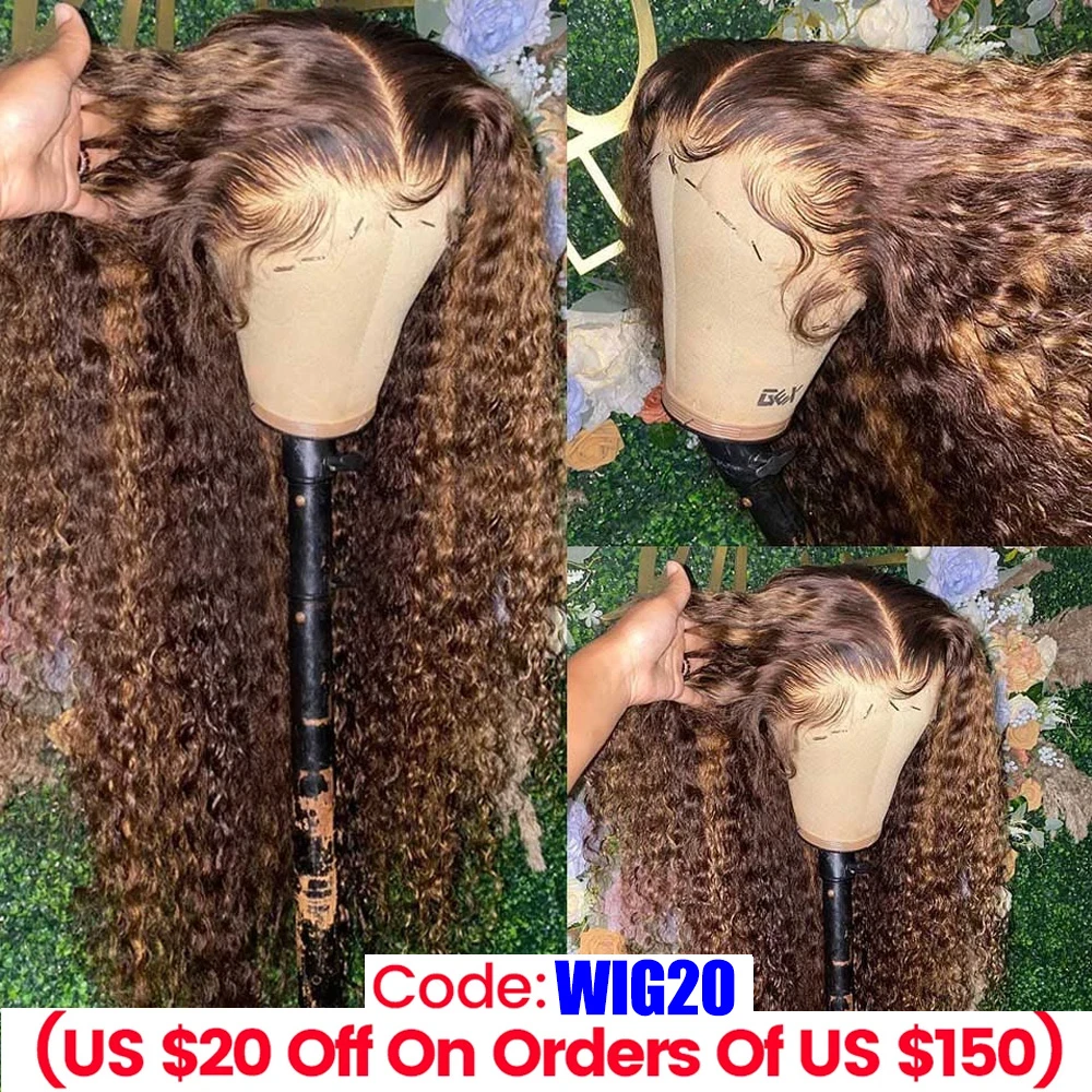 30 34 Inch Highlight Ombre Lace Front Wig Curly Human Hair Wigs Honey ...