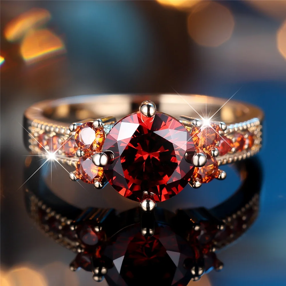 Crystal Female Red Zircon Round Stone Engagement Ring Vintage Gold ...