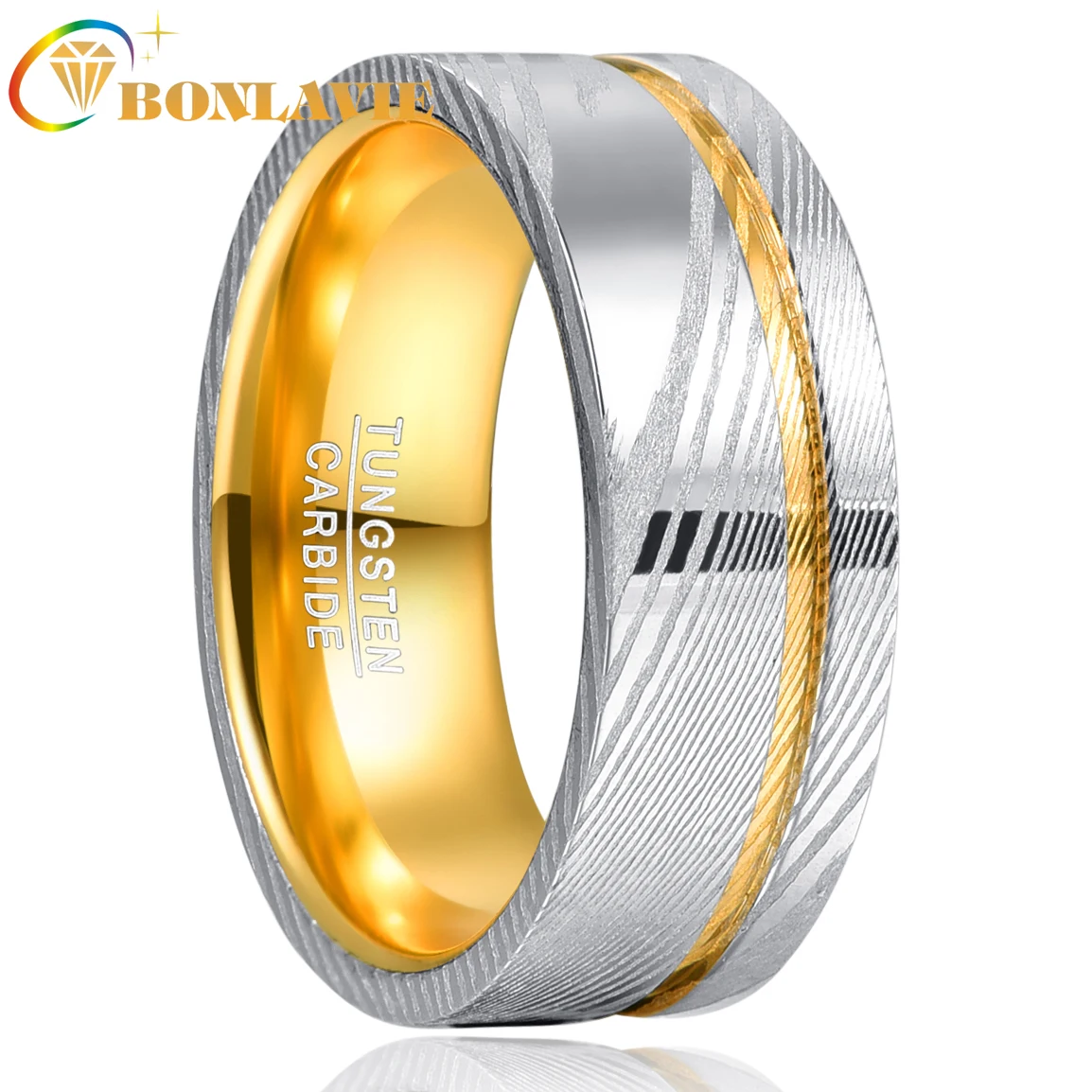 BONLAVIE anillo de acero de Damasco para hombre, 8mm, negro, línea ...