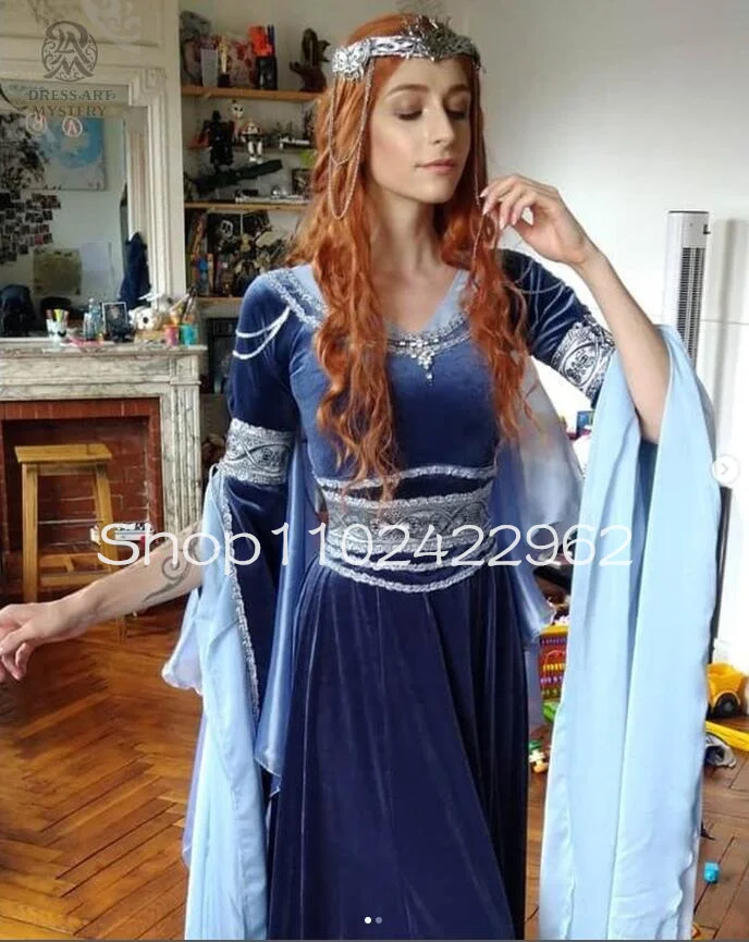 Navy-Blue-Velvet-Medieval-Prom-Dresses-with-Fairy-Long-Sleeve-Silver ...