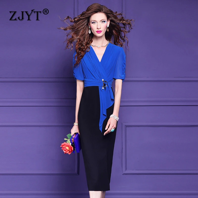 ZJYT-Elegant-Ladies-Summer-Color-Block-Midi-Straight-Dress-Women-2024 ...