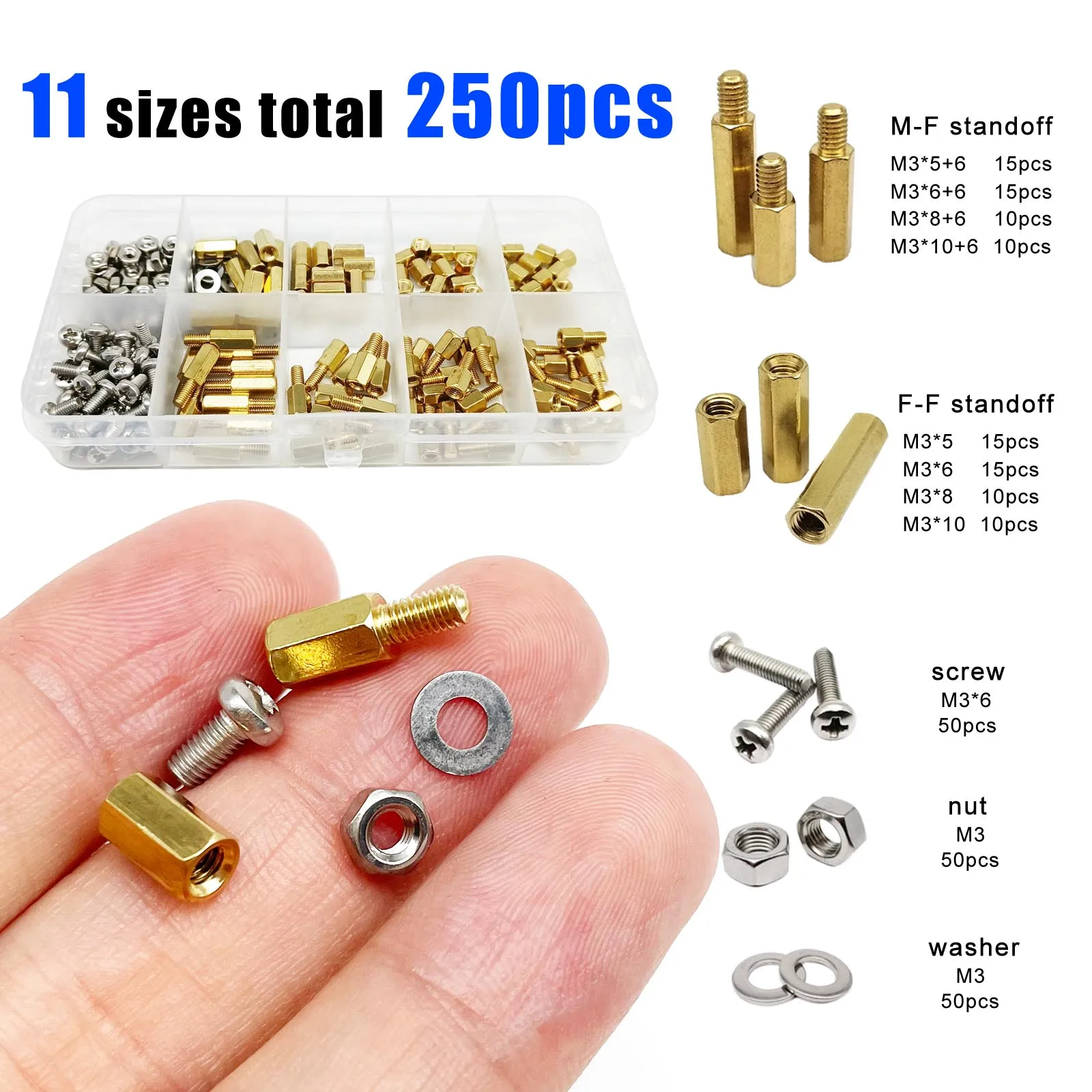 250pcs-M3-Hex-Standoff-Hexagon-Pillar-Spacer-Column-Screw-Nut-Washer ...