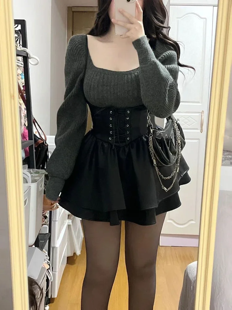 Mini-robe-en-cuir-noir-taille-haute-pour-femme-pull-d-contract-l-gant ...