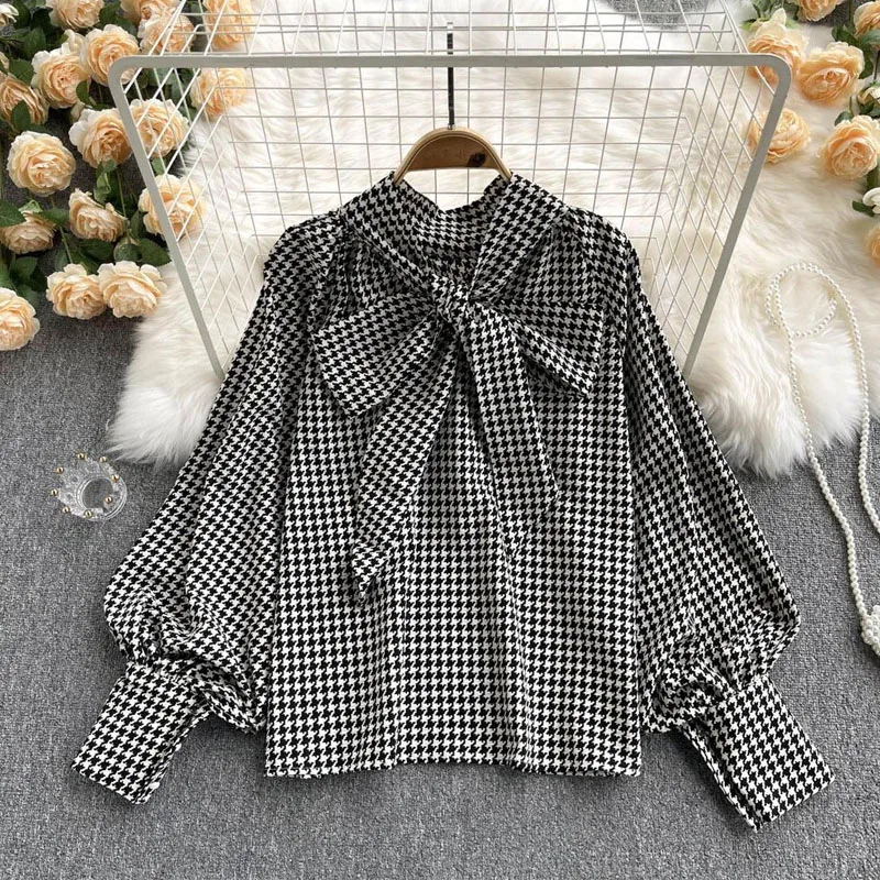 Blusa-de-moda-coreana-con-estampado-de-pata-de-gallo-para-mujer-blusa ...