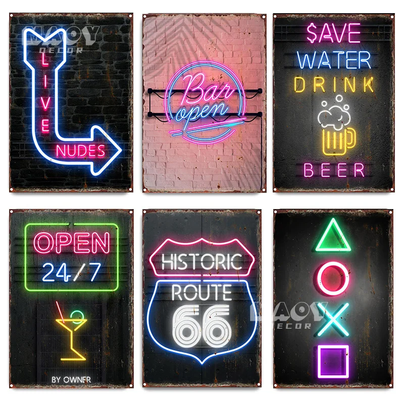 Vintage-Neon-Effect-Bar-Open-Metal-Sign-Decor-Wall-Decor-Retro-Drinks ...