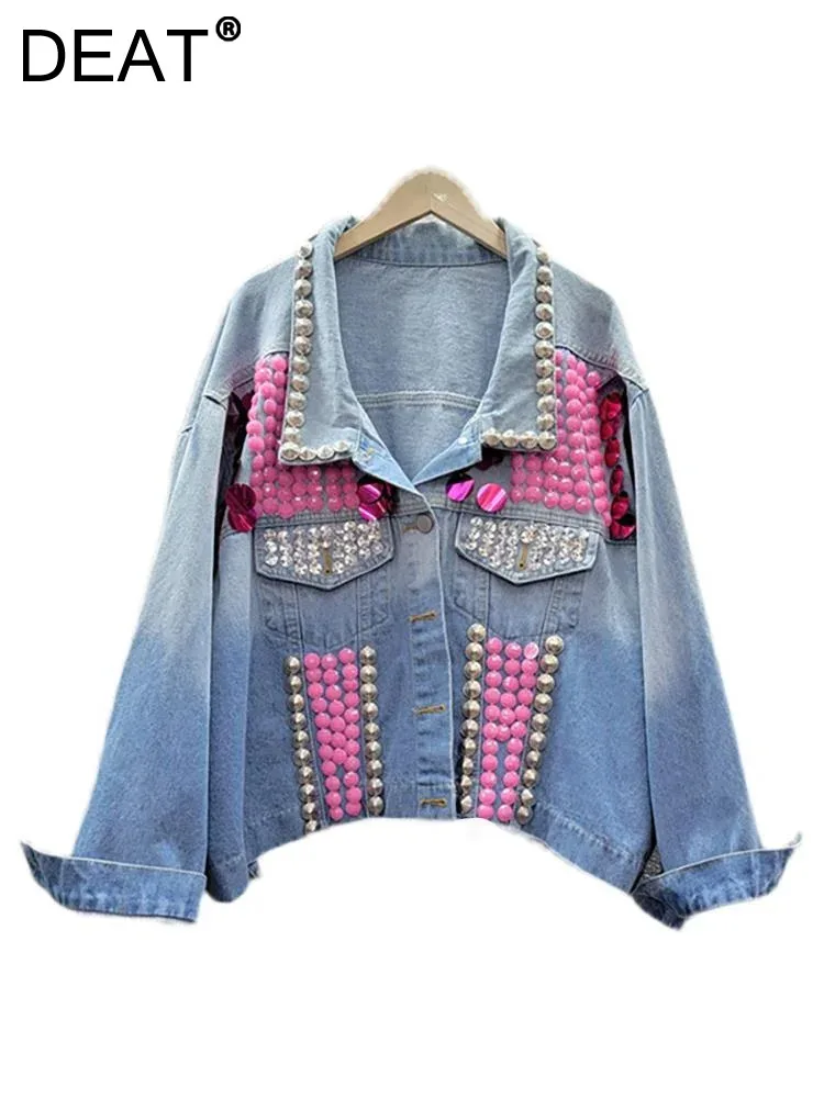 DEAT-Women-Denim-Coat-Pink-Sequins-Crystal-Beading-Gradient-Long-Sleeve ...