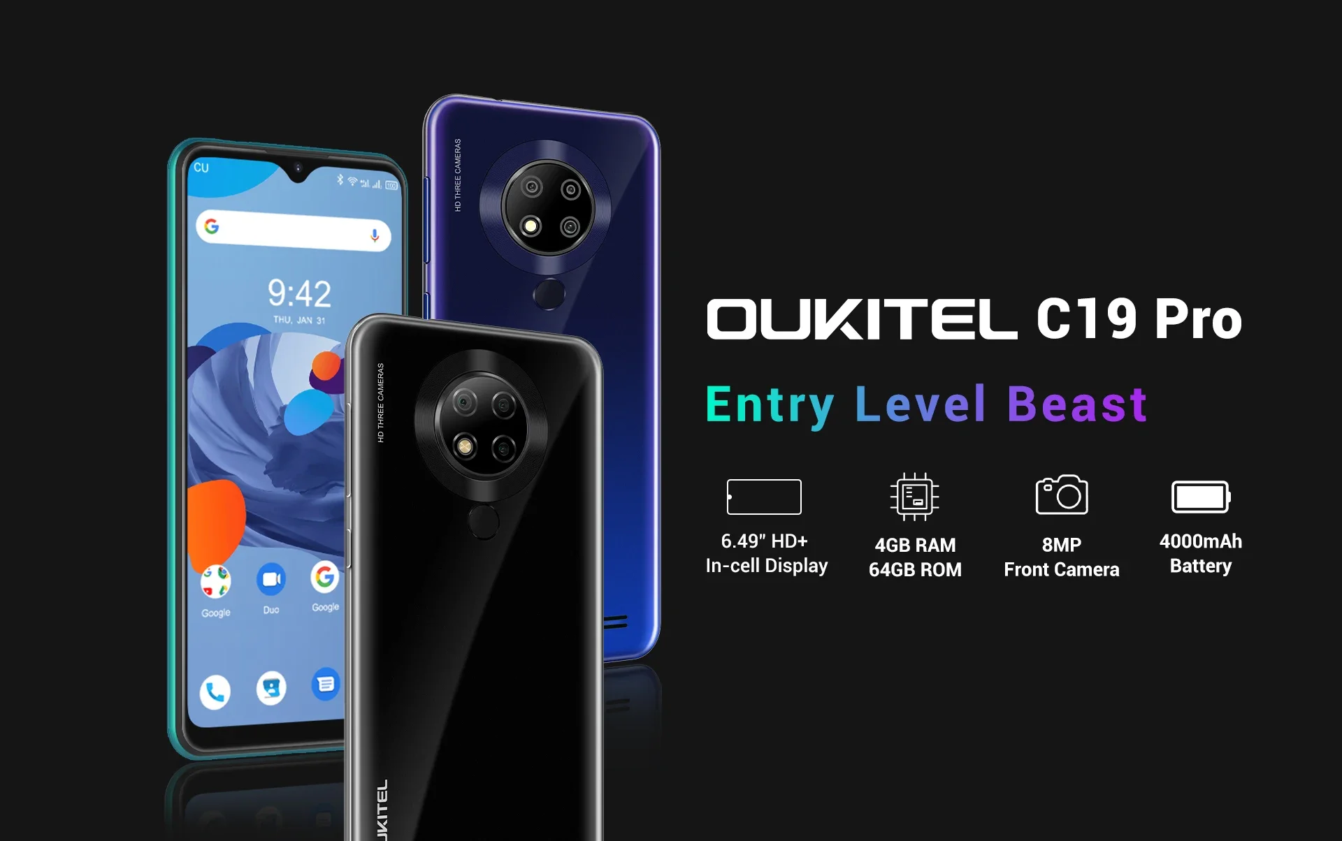 Oukitel C19 Pro Smartphone 4GB RAM 64GB ROM 6.49 Inch HD+ Telphone 4000mAh MT6762D Octa Core ...