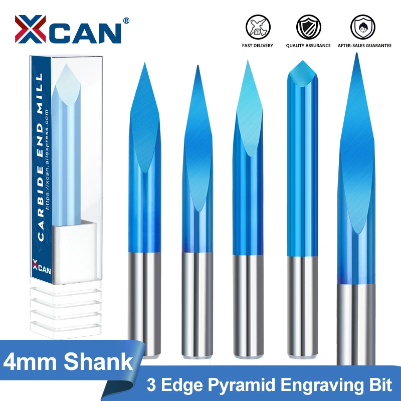 XCAN-Milling-Cutter-4mm-Shank-3-Edge-Pyramid-Engraving-Bit-20-30-40-45 ...