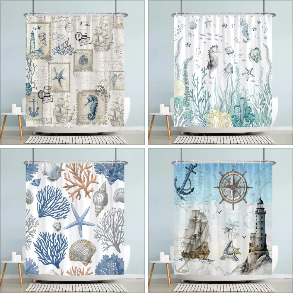 Ocean Starfish Shower Curtain Underwater Seahorse Coral Sea Turtle ...