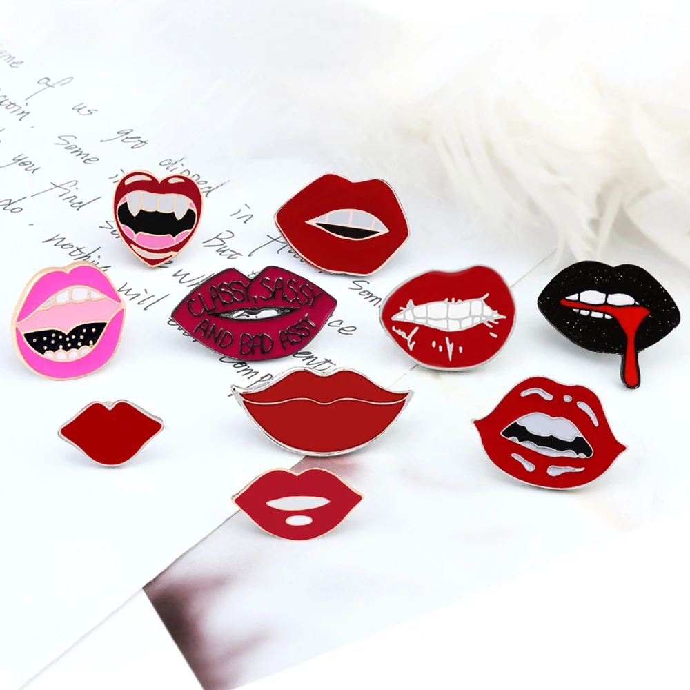 Women Sexy Red Lips Enamel Pin Personality Vampire Fangs Lip Brooch ...