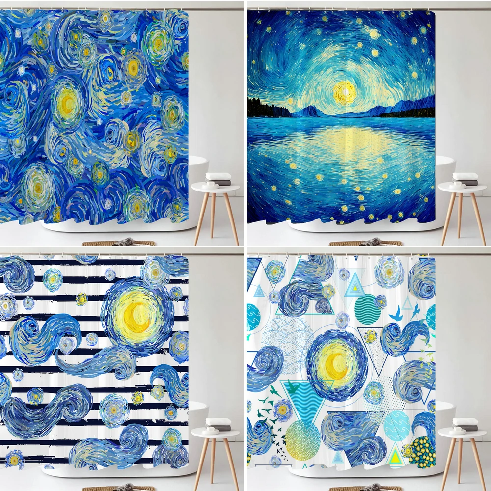 Watercolor Blue Starry Sky Shower Curtain Polyester Fabric Bath Curtain ...