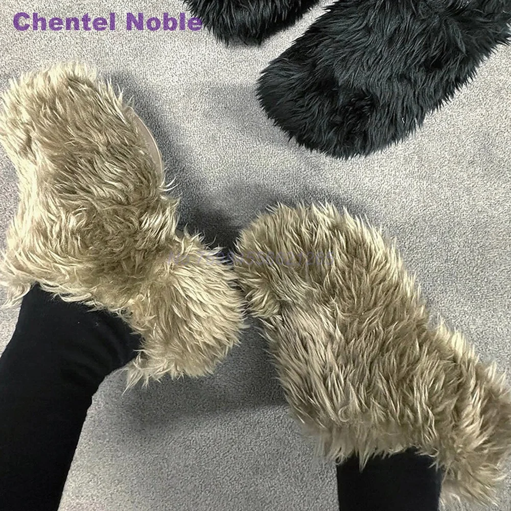Fur-Punk-Slippers-Street-Round-Big-Toe-Flat-Solid-Brown-Black-White ...