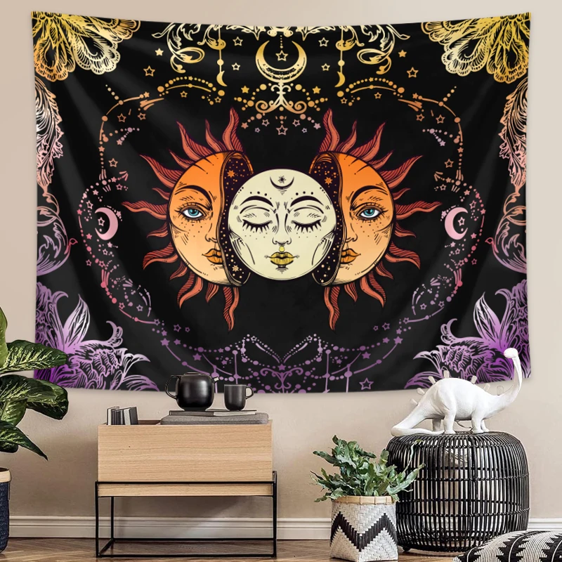 1pc Sun, moon, hippie style tapestry, colorful lunar phase tapestry ...