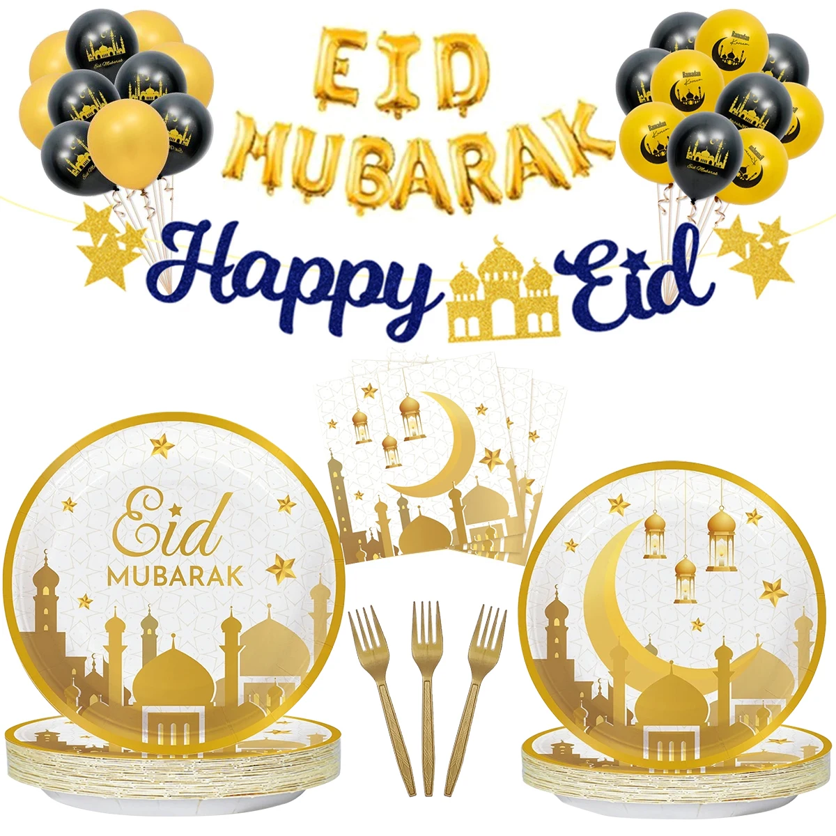 EID Mubarak Disposable Tableware Paper Plates Box Banner Ramadan Kareem ...