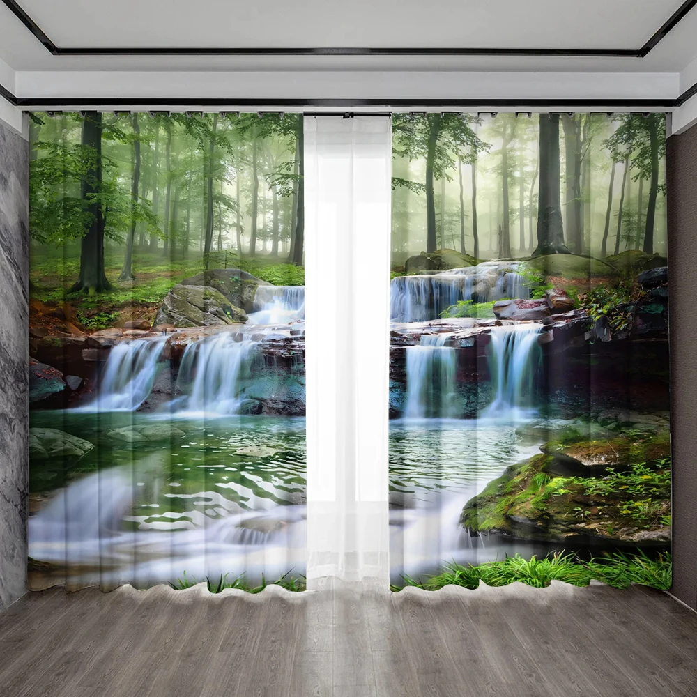 2PC Home Decoration Curtains, Waterfall Beach Scenery, Modern Printed ...