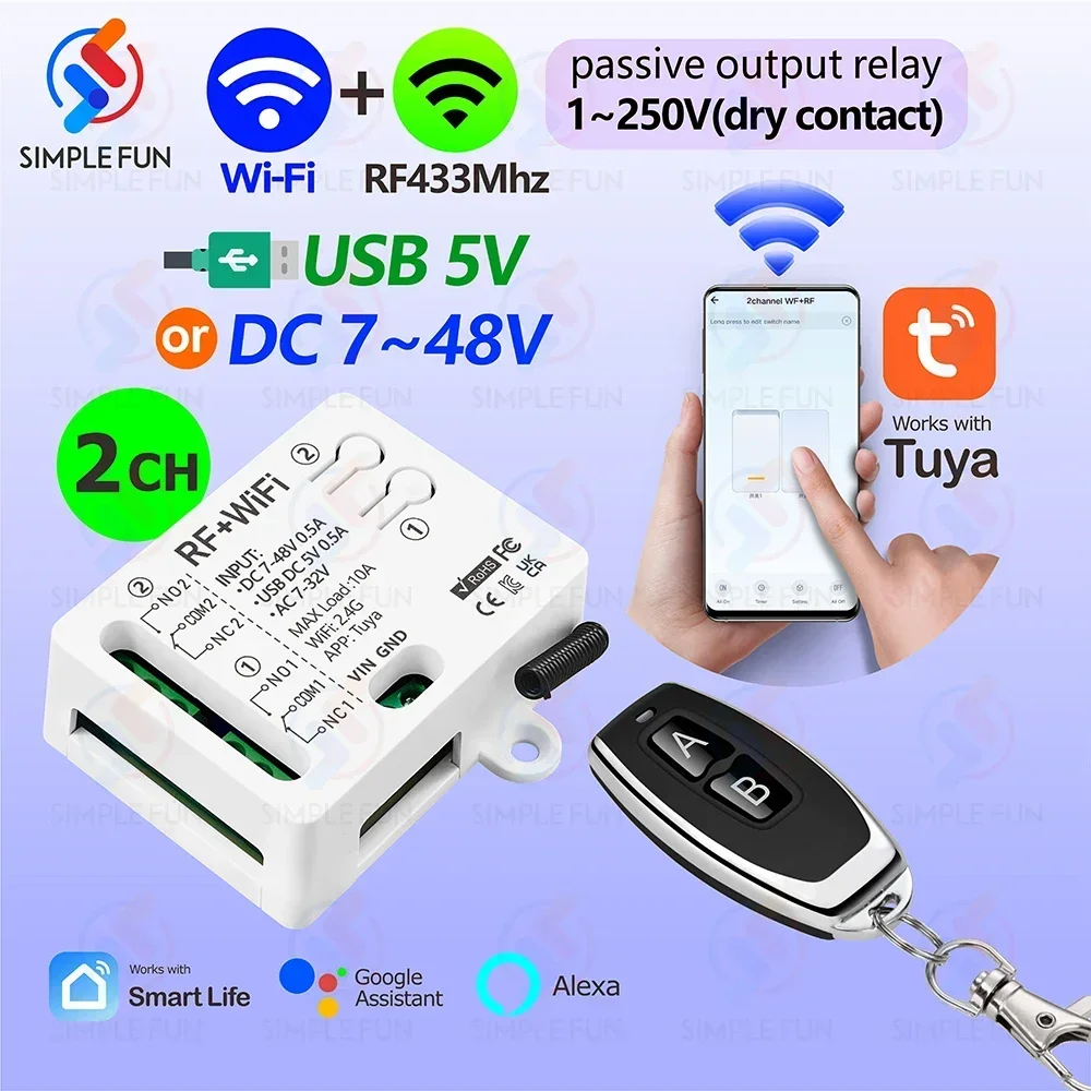 WiFi RF Remote Control Smart Light Switch 2 CH Tuya,USB 5V DC 12V 24V ...