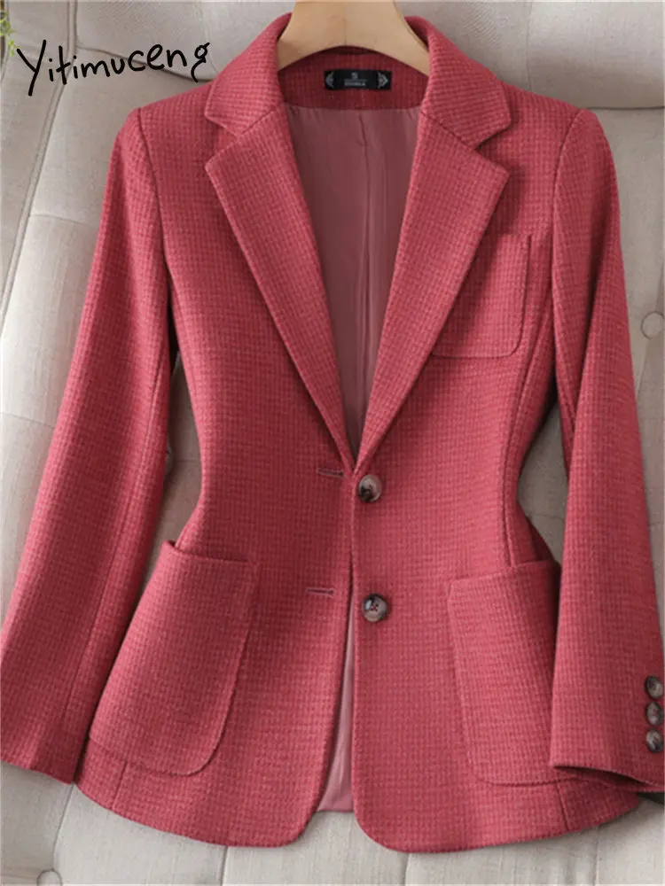 Yitimuceng Red Plaid Blazers for Women 2023 Fashion Spring Office Lady ...