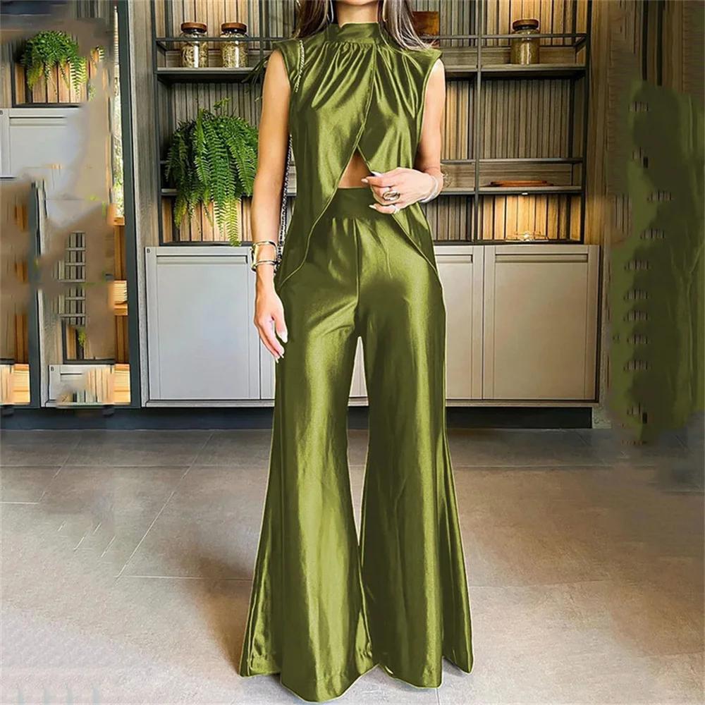 Women Satin Top Pants Two Piece Set Summer Fashion Black Sleeveless ...