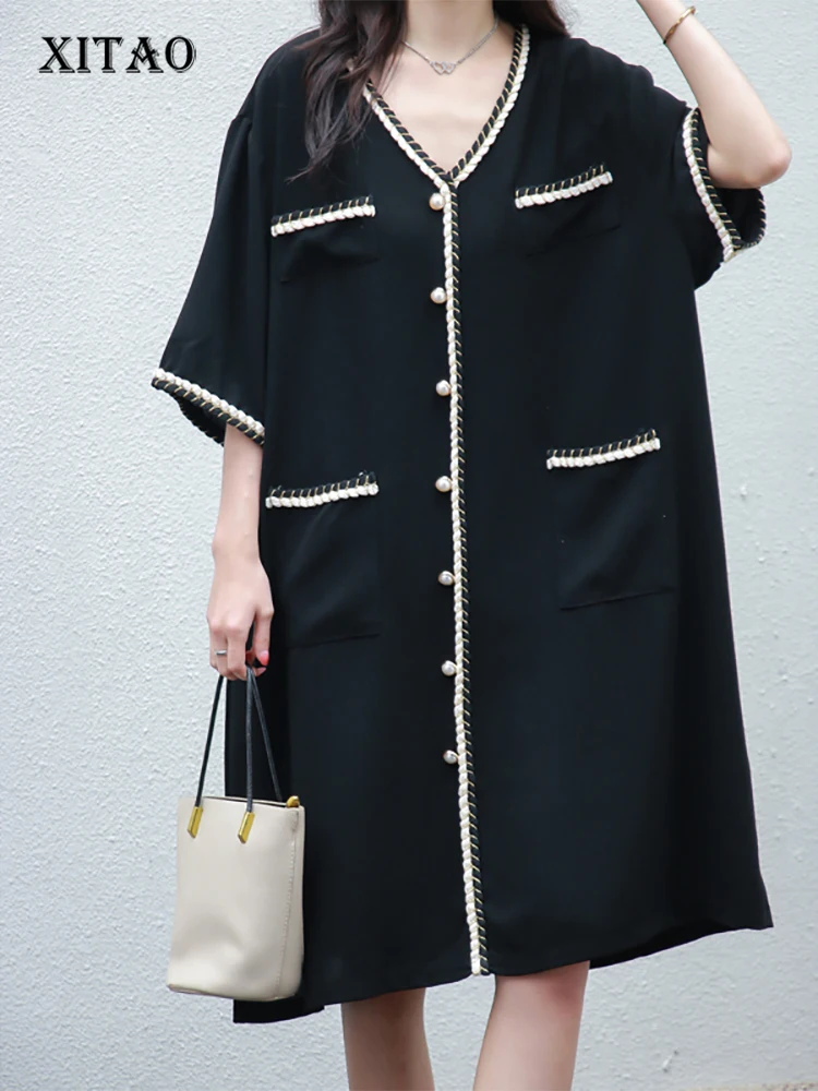 Xitao Solid Color Patchwork Pockets V-neck Single Breasted 2022 Summer ...