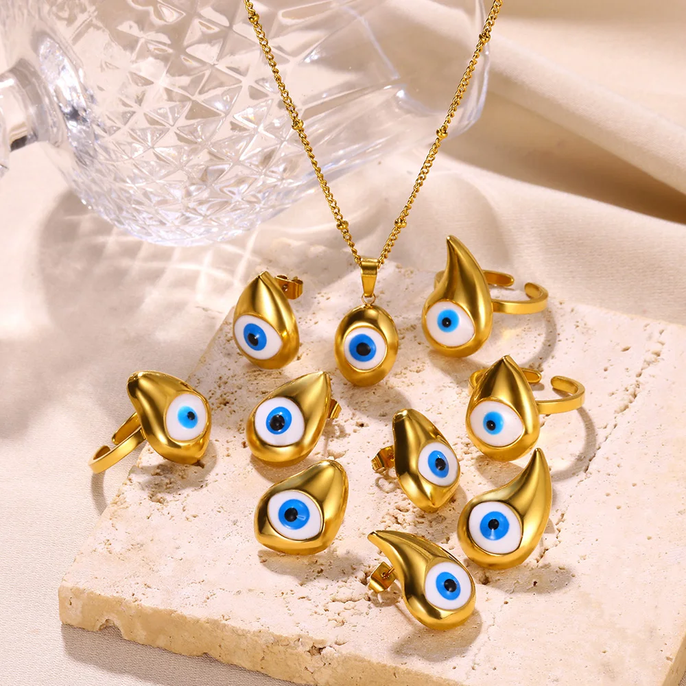 Fashion-Blue-Devil-Eye-Jewelry-Set-Gold-Color-Stainless-Steel-Charm ...
