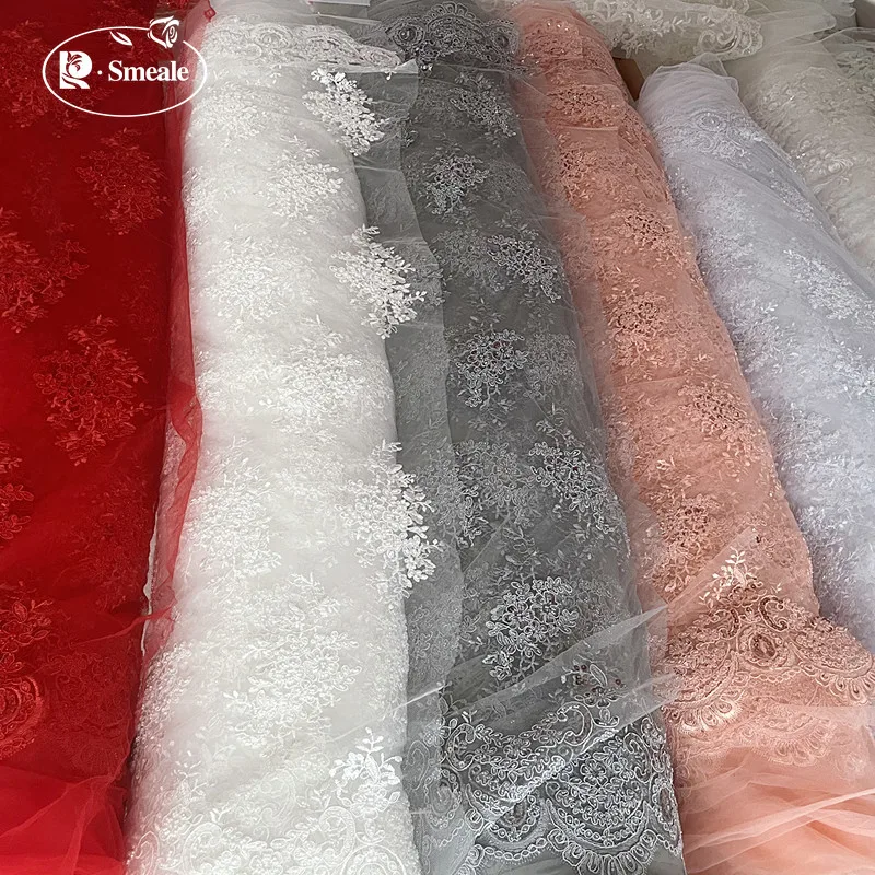 Pure-White-Beads-Sequins-Embroidery-Embroidered-Mesh-Transparent-Fabric ...