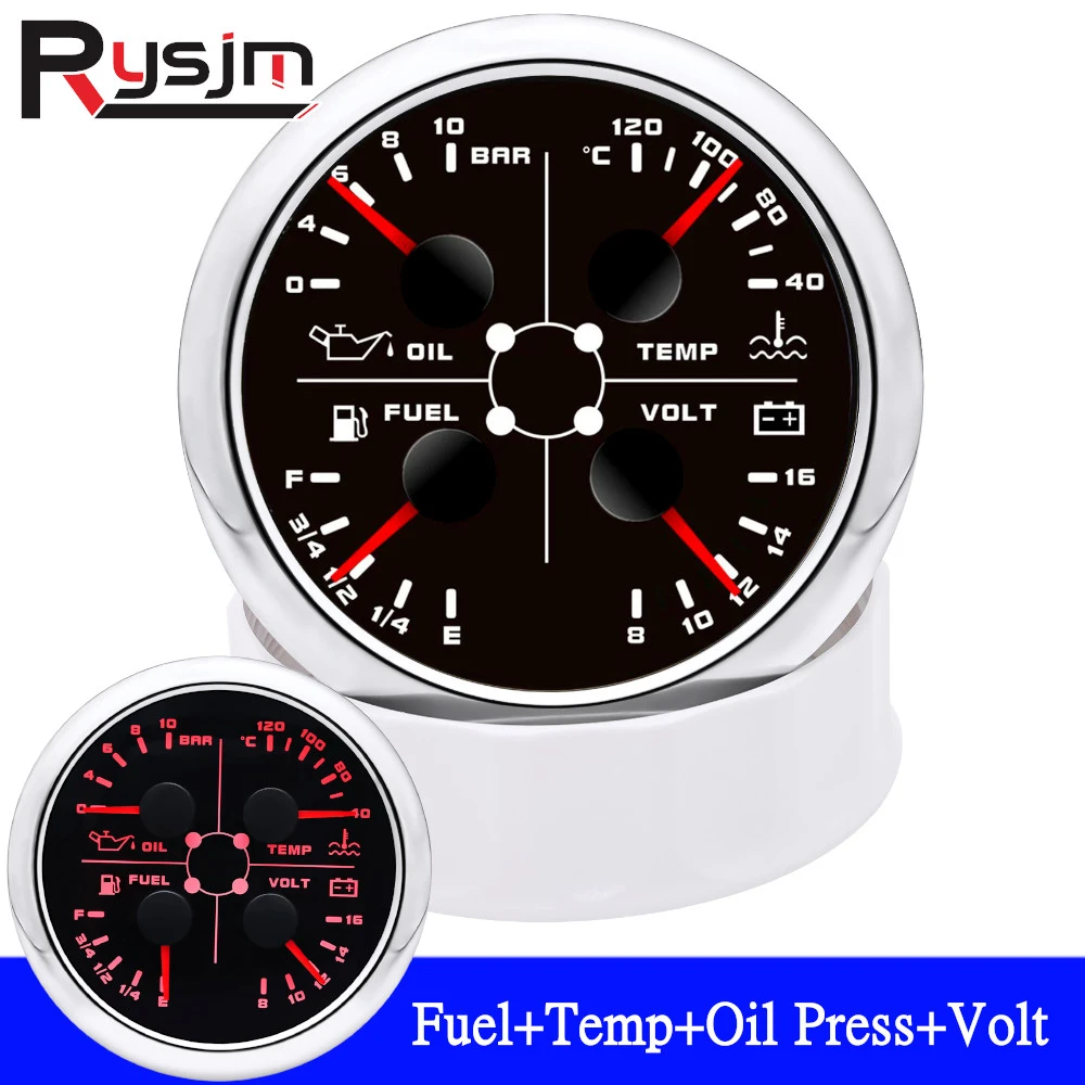 Hd 85mm 4 In 1 Multifunction Oil Pressure/water Temp/voltmeter/ Fuel ...