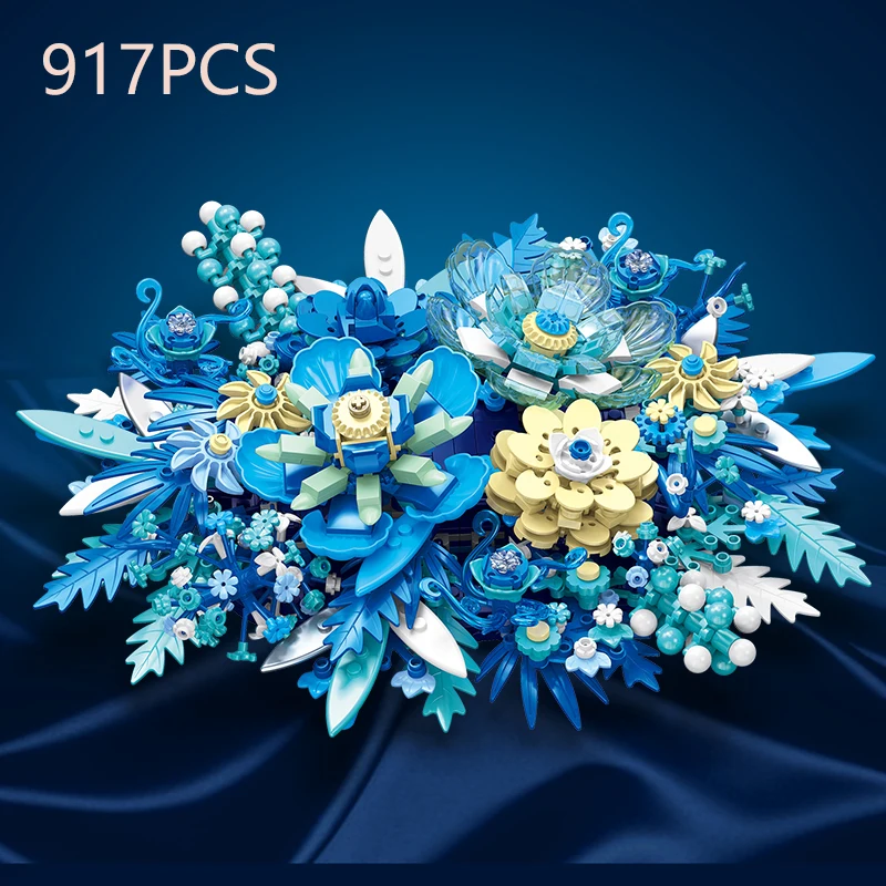 917PCS-Preserved-Flower-Bouquet-Building-Blocks-Fantasy-Blue-Flowers ...