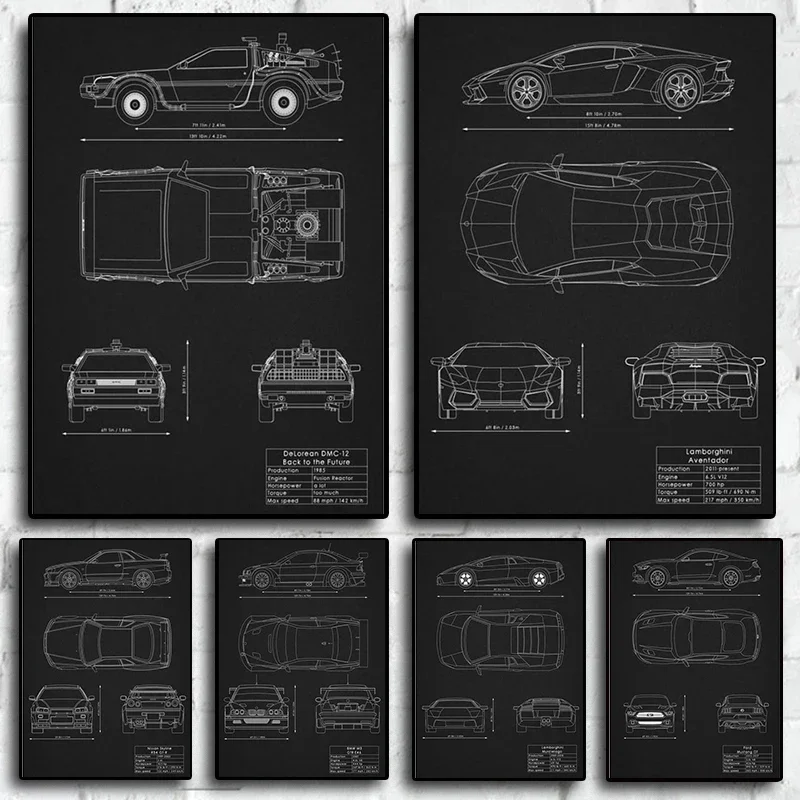 Super-Power-Car-Blueprint-Mustang-M3-GTR-Art-Decor-Poster-Canvas ...