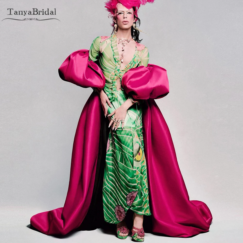 Fuchsia-Taffeta-Cape-Exaggerated-Sleeves-With-Long-train-Women-Fashion ...