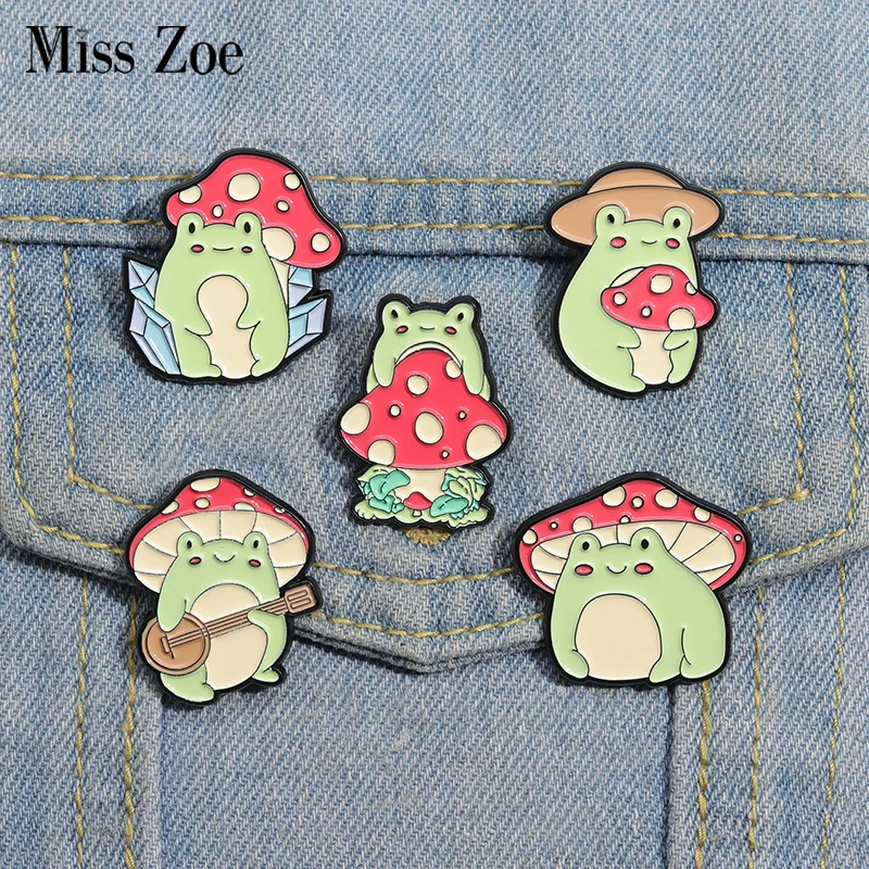 Cute Frogs Enamel Pins Custom Frog Pick Mushrooms Guitar Brooches Lapel