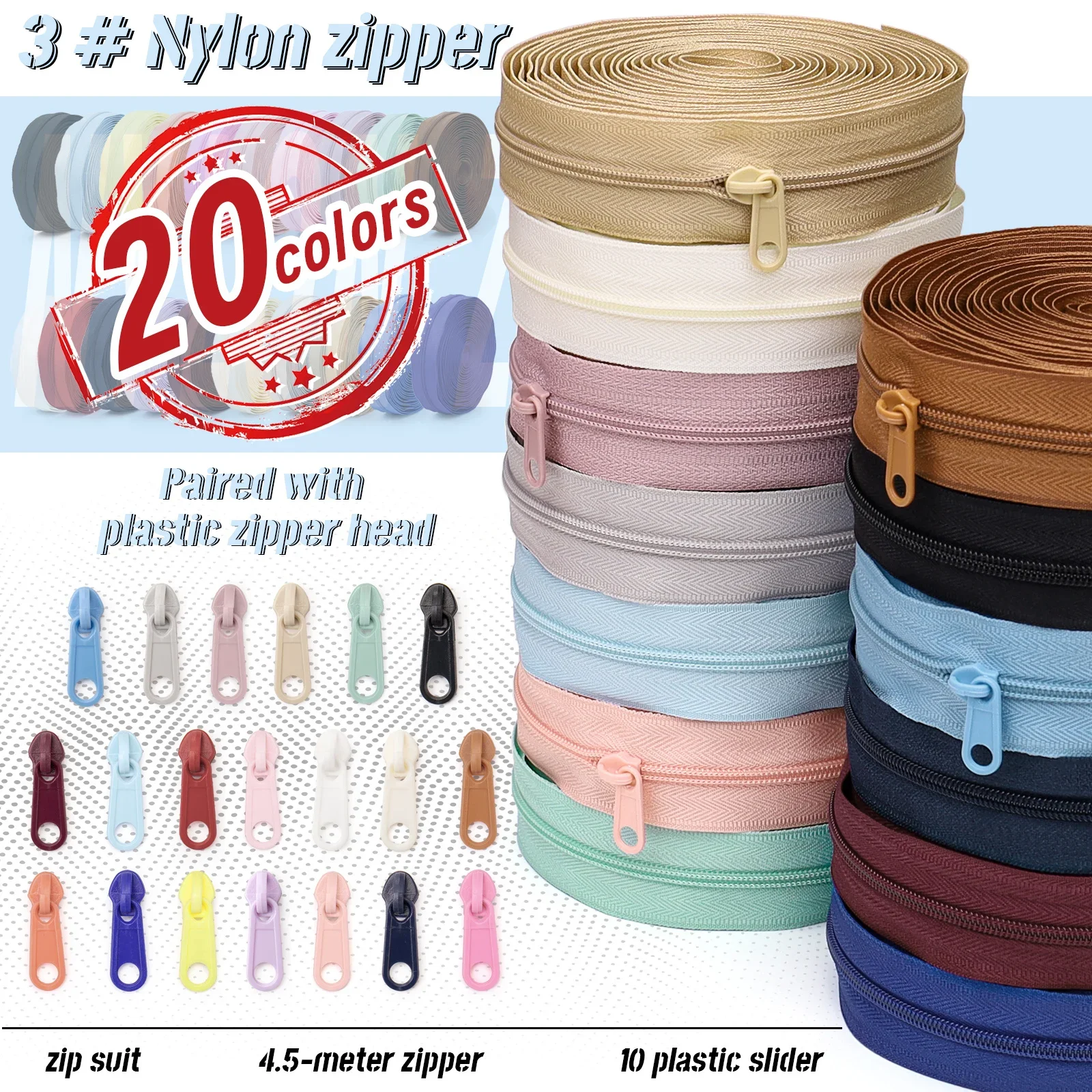 1 group = 4.5m zipper + 10 plastic zipper heads, 20 colors optional ...
