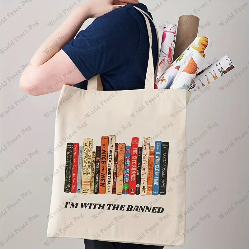 Im with The Banned Book Pattern Canvas Tote Bag, Banned Books Handbag ...