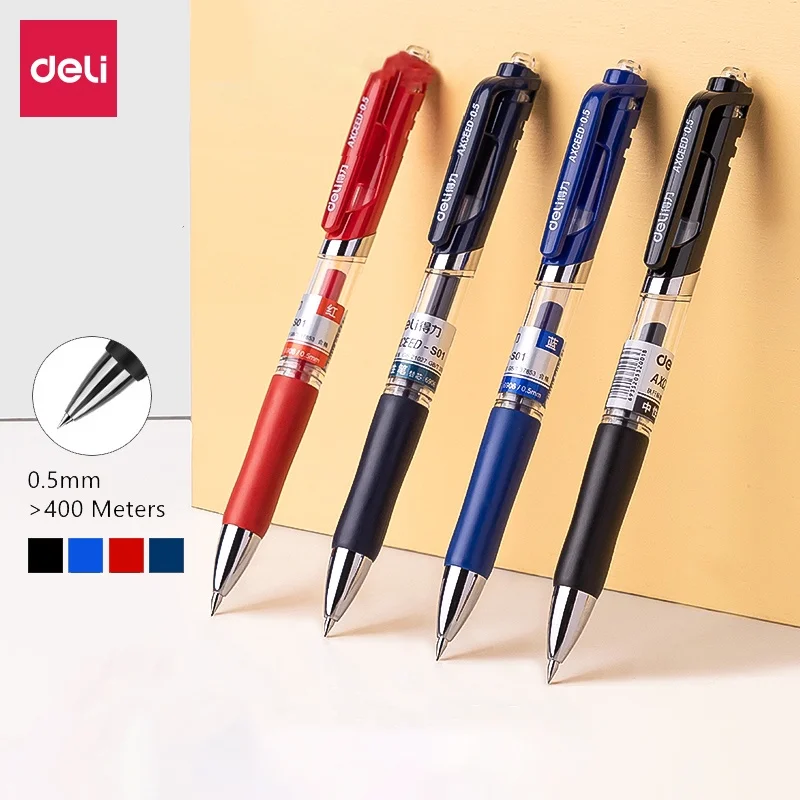 Deli Retractable Gel Pen 0.5mm 12pcs/Box Black Blue Red Office Writing ...