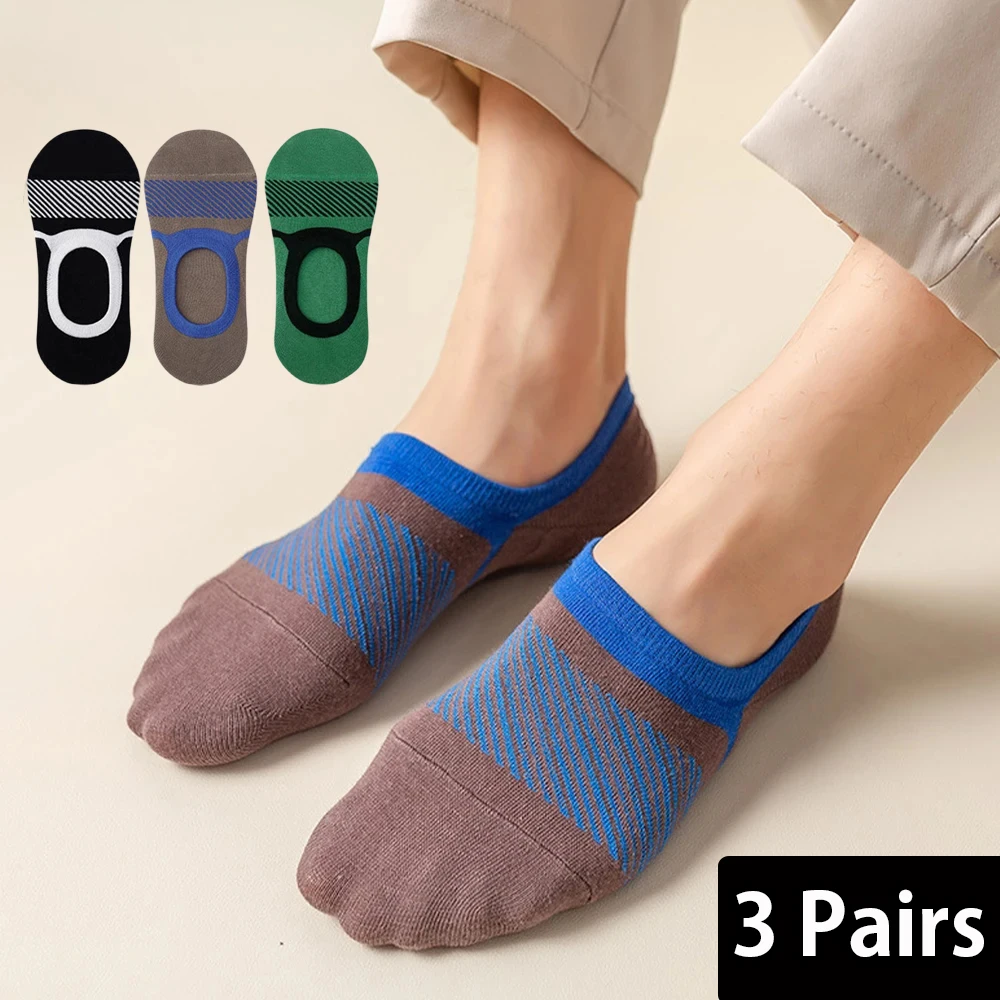 3 Pairs Men Cotton Boat Socks Silicone Anti-slip Cozy Sport Socks Sweat ...