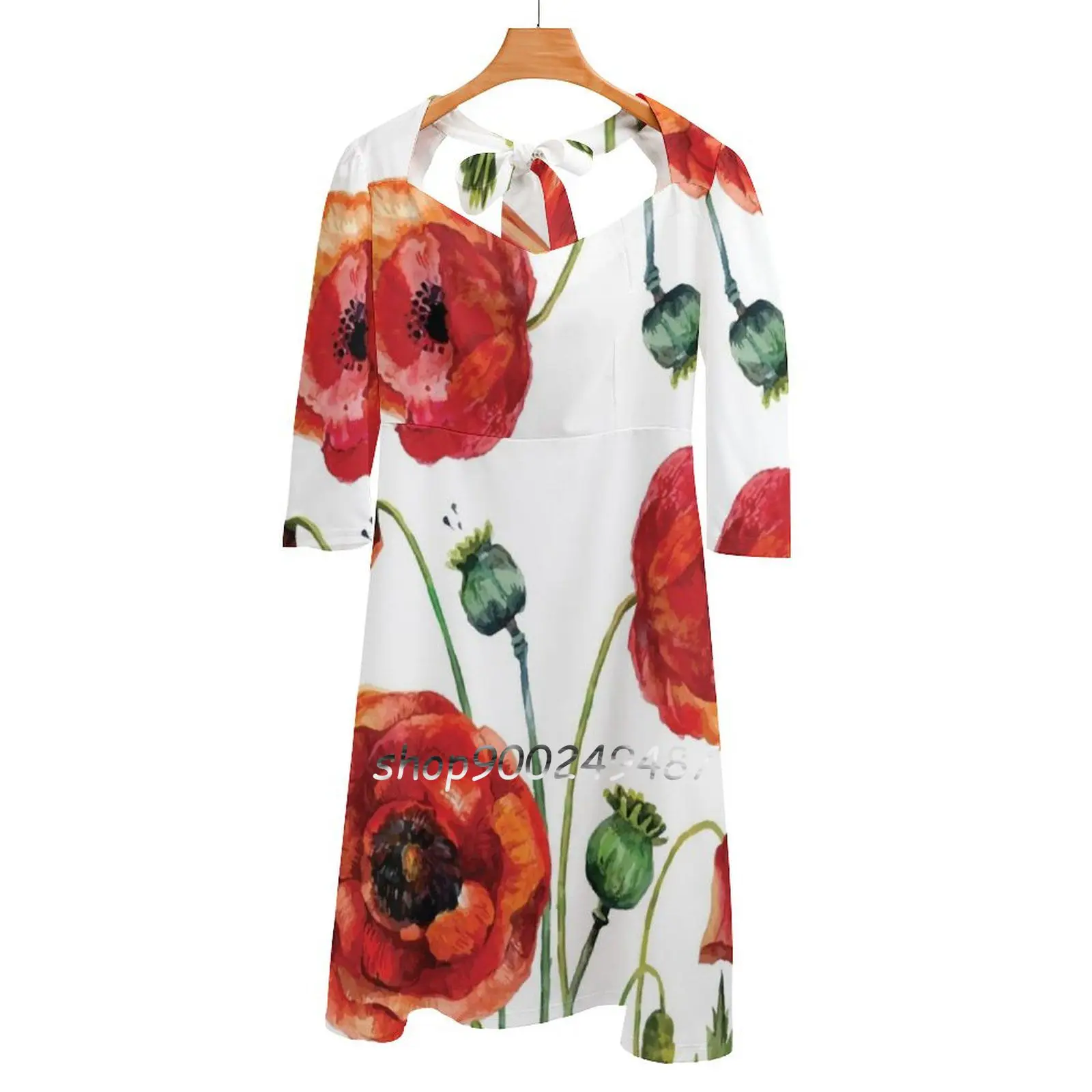 Poppy-Flower-Square-Neck-Dress-New-Plus-Size-Elegant-Women-Waist-Tight ...