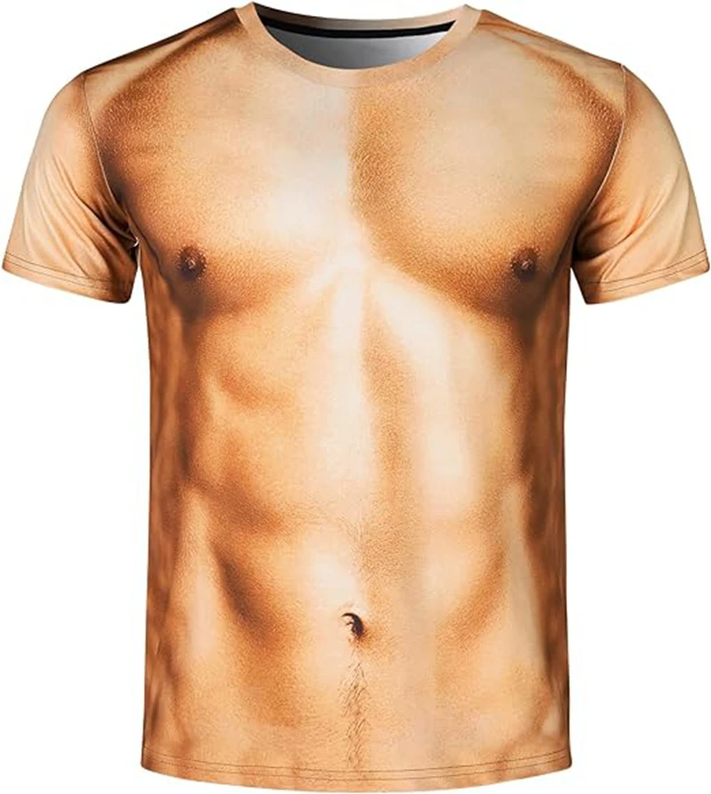 Unisex-3D-Fake-Abs-T-Shirt-Broken-Chest-Print-Short-Sleeve-Clothing ...