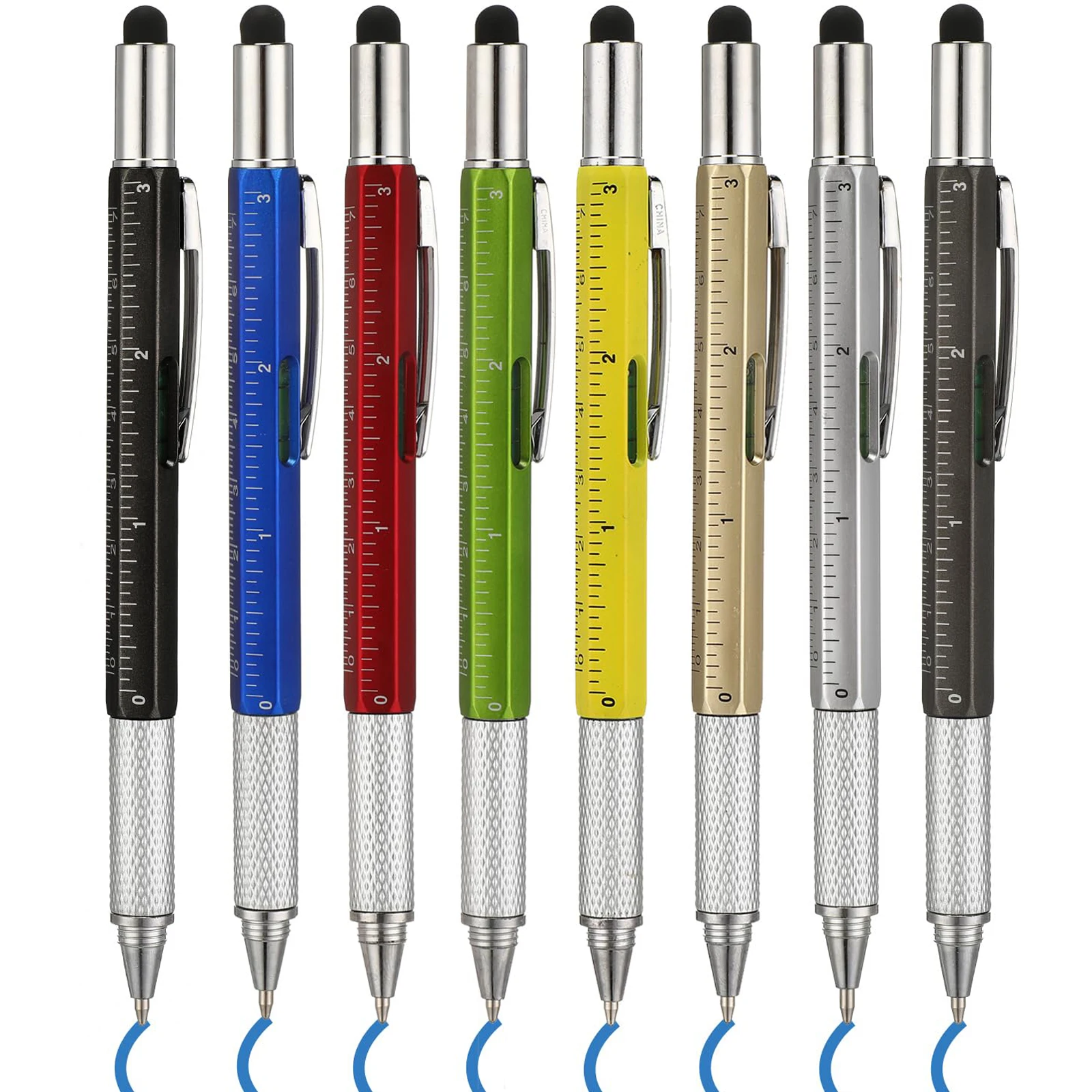 8Pcs-6-in-1-Tool-Ballpoint-Pen-Screwdriver-Ruler-Spirit-Level-Multi ...