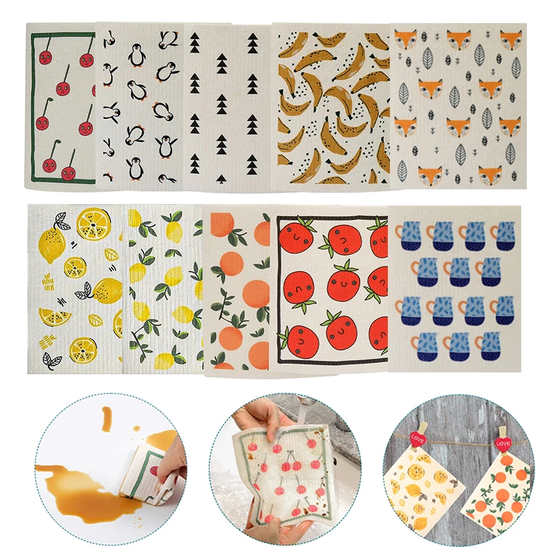 Cartoon Printed Absorbent Dishcloth Reusable Cleaning Cloths Wet Dry ...