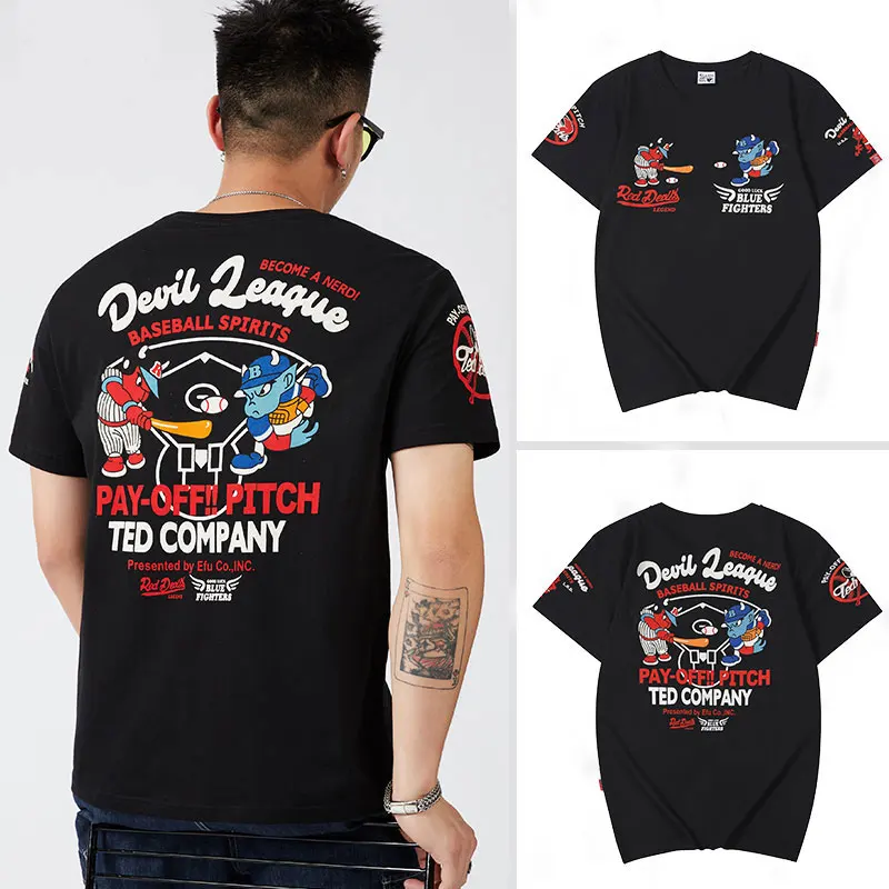 Cartoon-Devil-Baseball-Print-T-Shirt-Mens-Casual-Cotton-Short-Sleeve-T ...