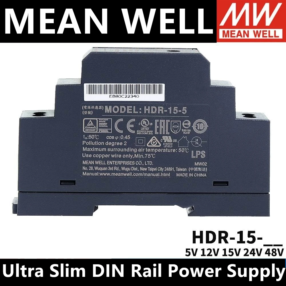 Mean Well HDR-15 15W 85-264VAC TO DC 5V 12V 15V 24V 48V meanwell Ultra ...