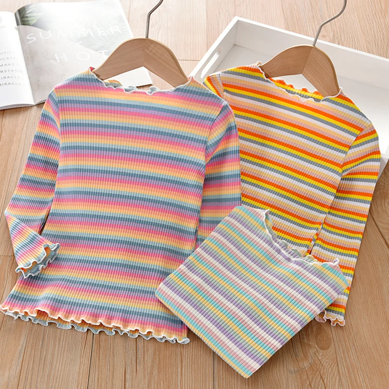 Girls-Rainbow-Striped-T-Shirt-Spring-And-Autumn-Daily-Casual-Children ...