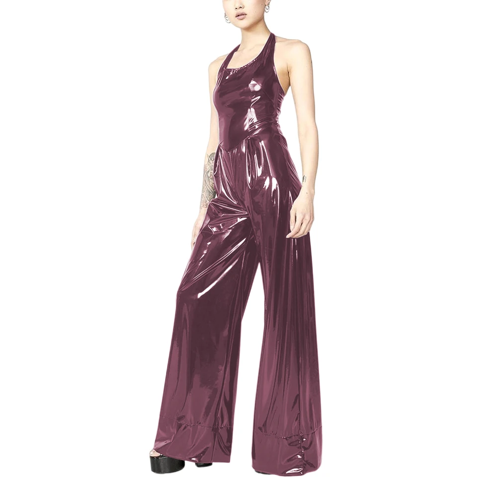 Shiny PVC Halter neck Taille Party Overall Sleeveless Backless Mode ...