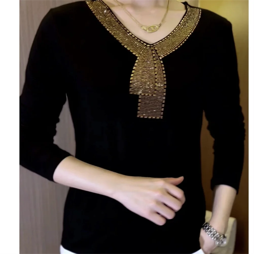 Fashion-Vintage-Women-Diamond-Black-T-shirt-Spring-Autumn-Female ...
